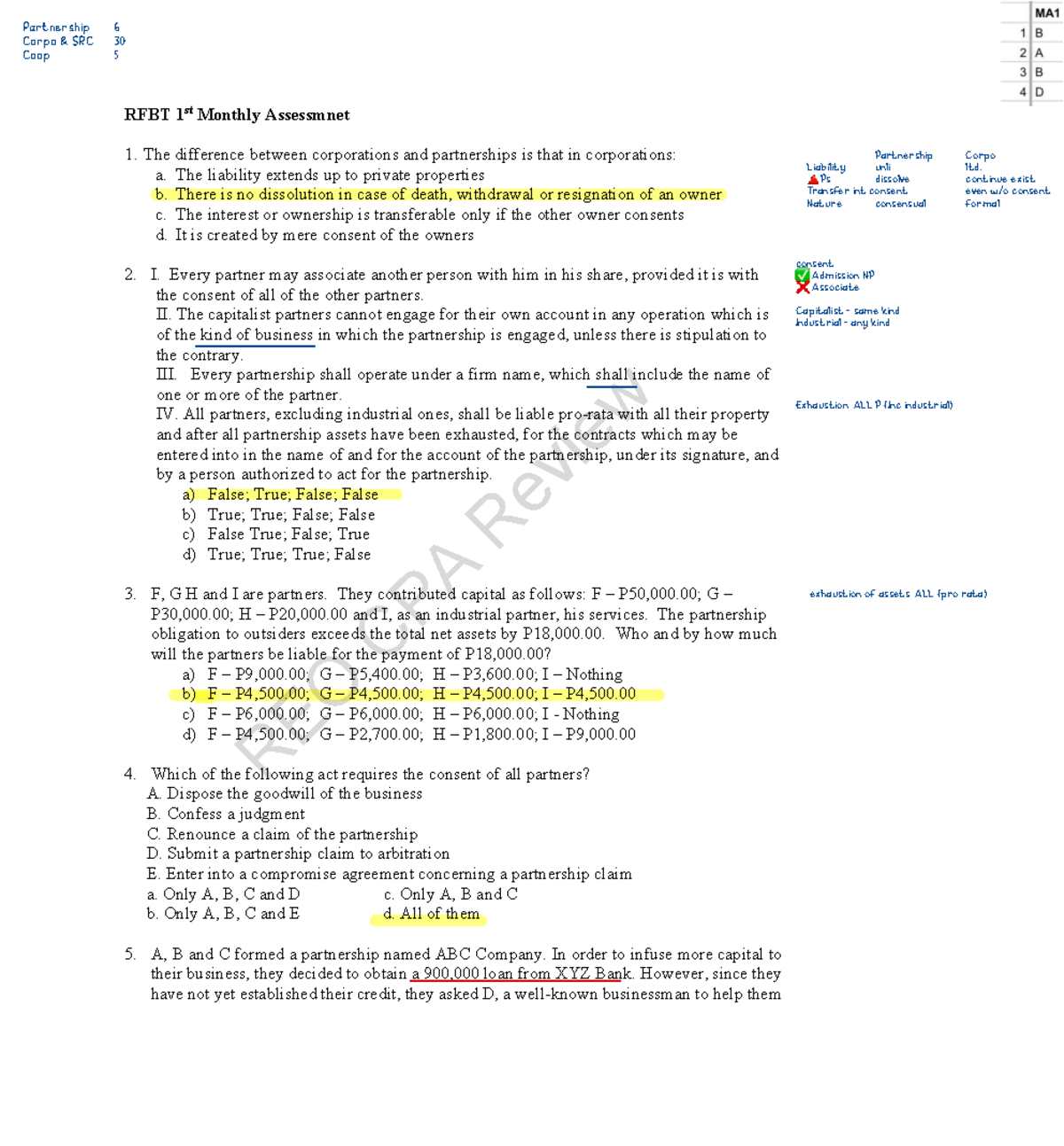 RFBT 1st Monthly Assessment: Corporations vs. Partnerships Overview ...