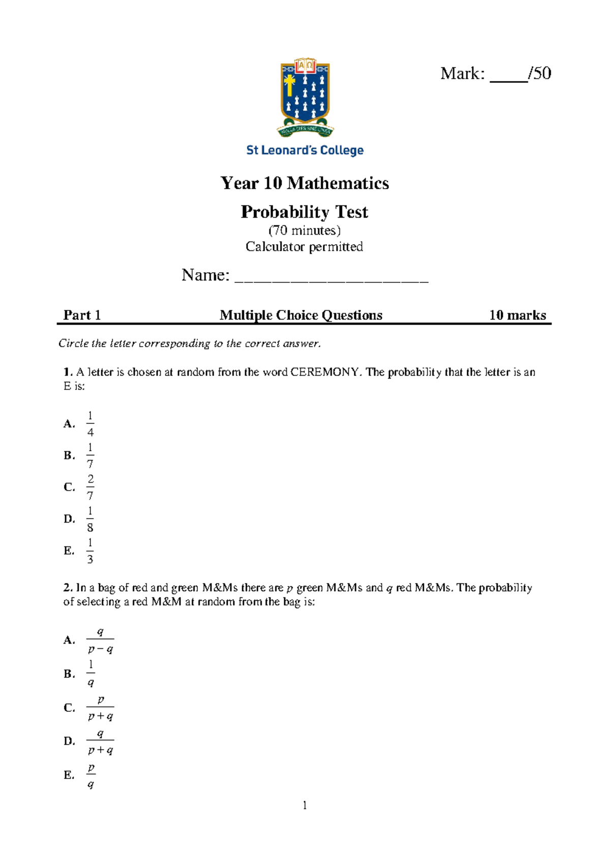 Year 10 Mathematics Probability Test (2018) - 70 Min Duration - Studocu