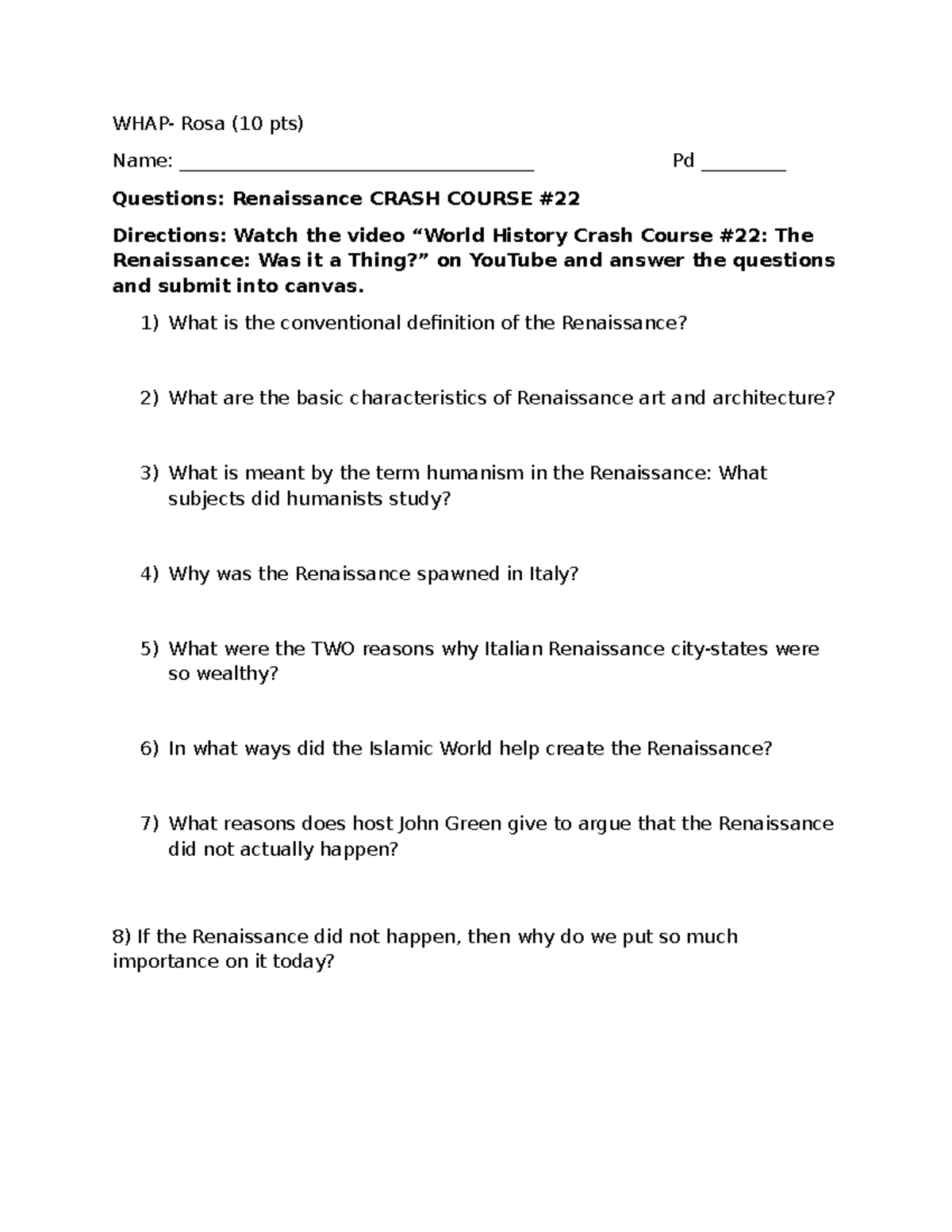 CC 22 Renaissance - anwsers - WHAP- Rosa (10 pts) Name