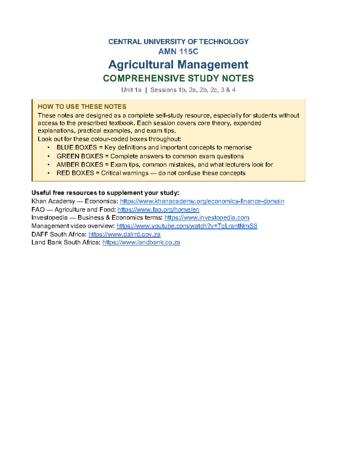 AMN 115C Comprehensive Study Notes for Agricultural Management - Studocu