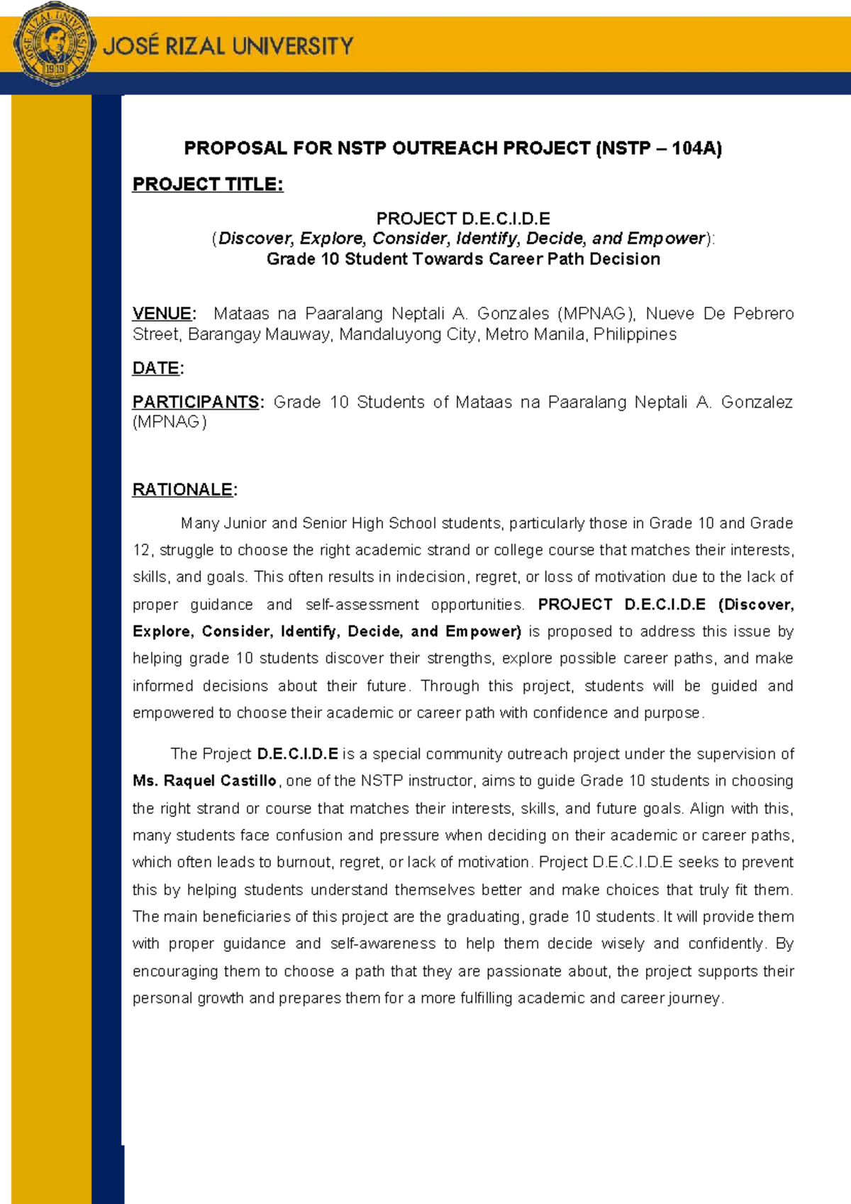 Proposal for NSTP Outreach Project: Project D.E.C.I.D.E (NSTP 104A ...