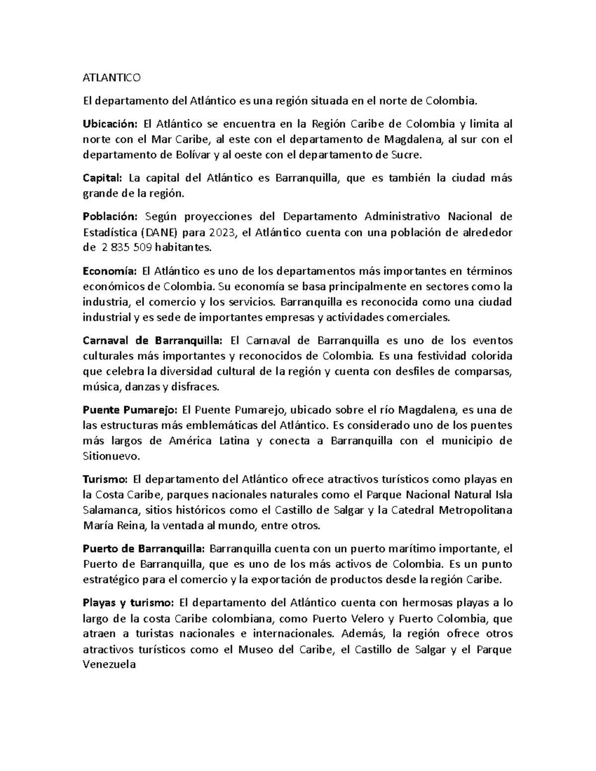 Departamentos de Colombia - ATLANTICO El departamento del Atlántico es ...