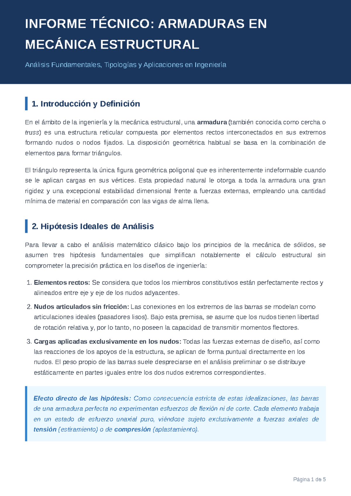 Informe Técnico: Armaduras en Mecánica Estructural - Análisis y ...