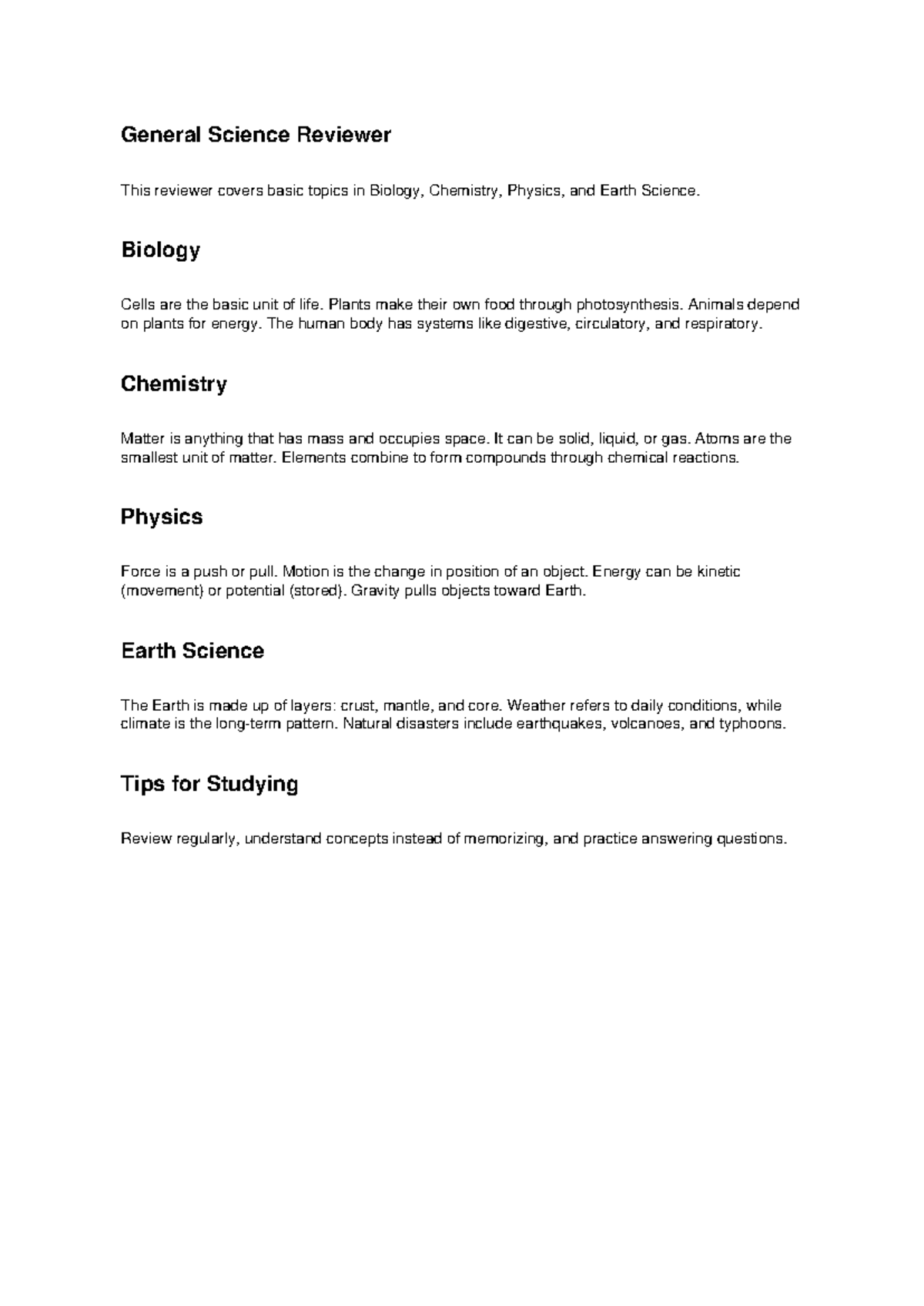 General Science Reviewer (Biology, Chemistry, Physics, Earth Sci) - Studocu