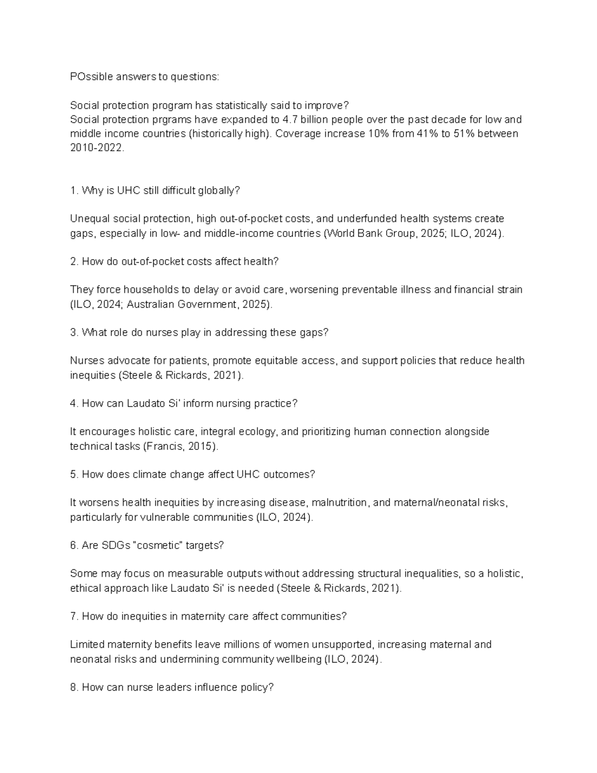 A1 Possible Questions for Presentation on Social Protection & UHC - Studocu