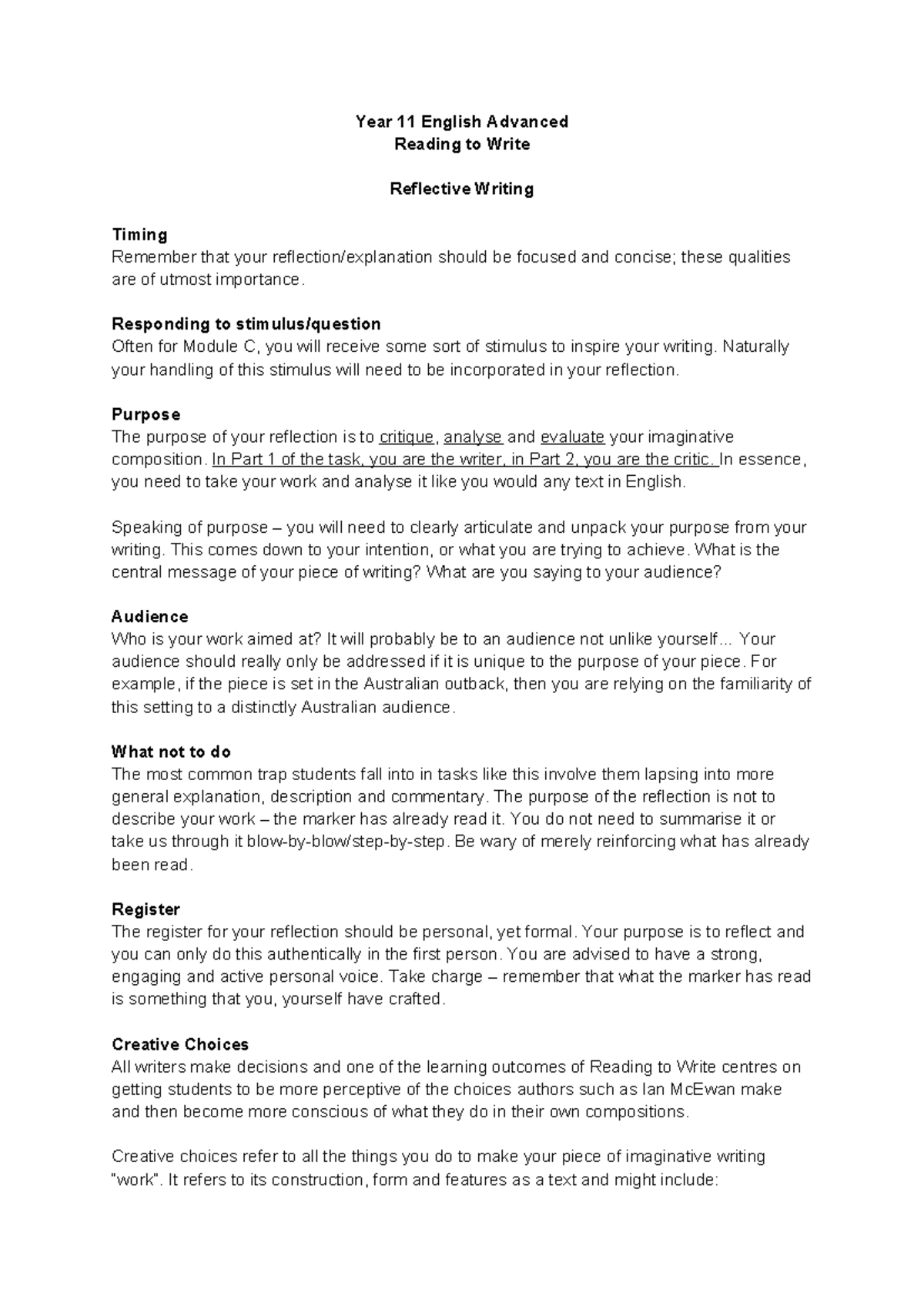 Year 11 English Adv: Guide to Reflective Writing Techniques - Studocu