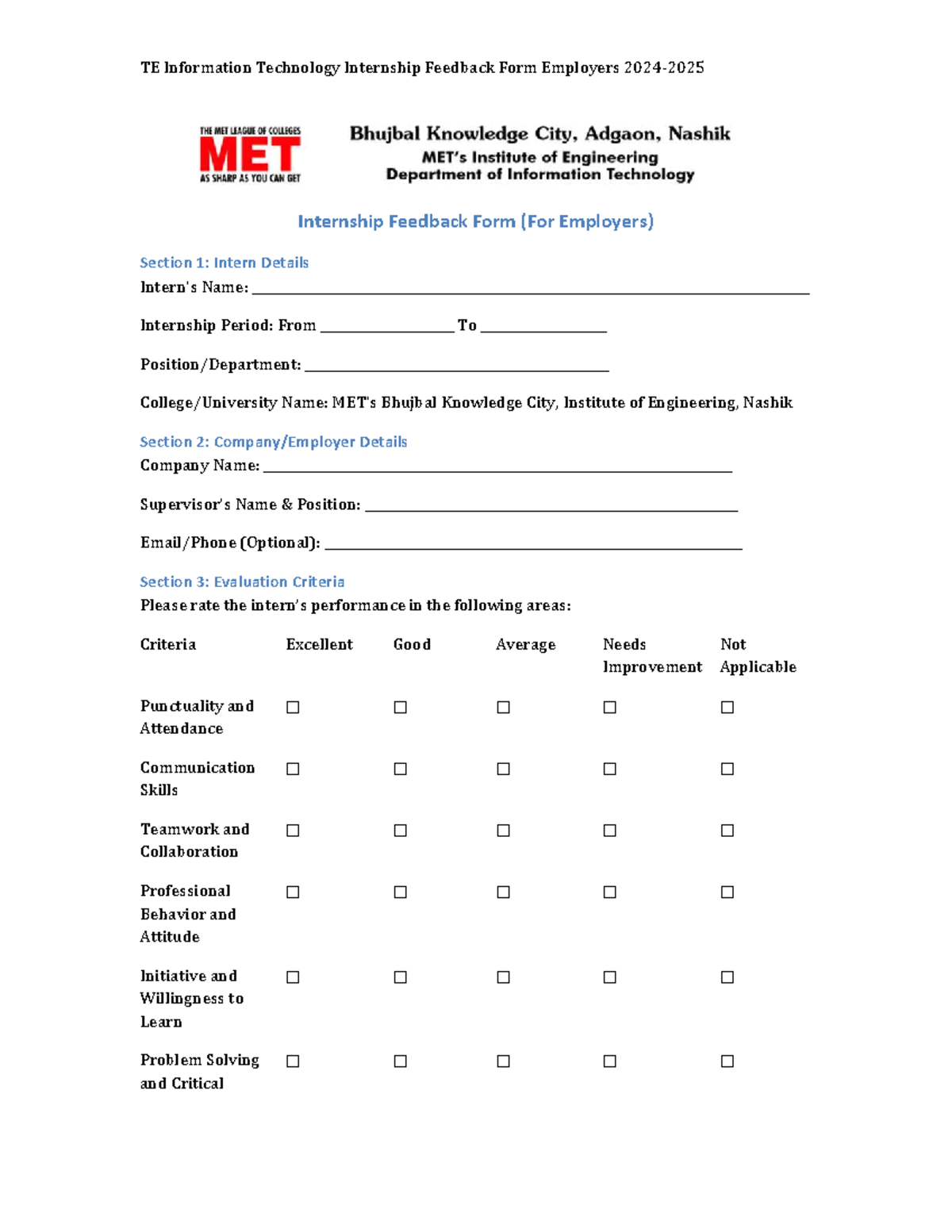 TE IT Internship Feedback Form: Employer Evaluation Criteria - Studocu