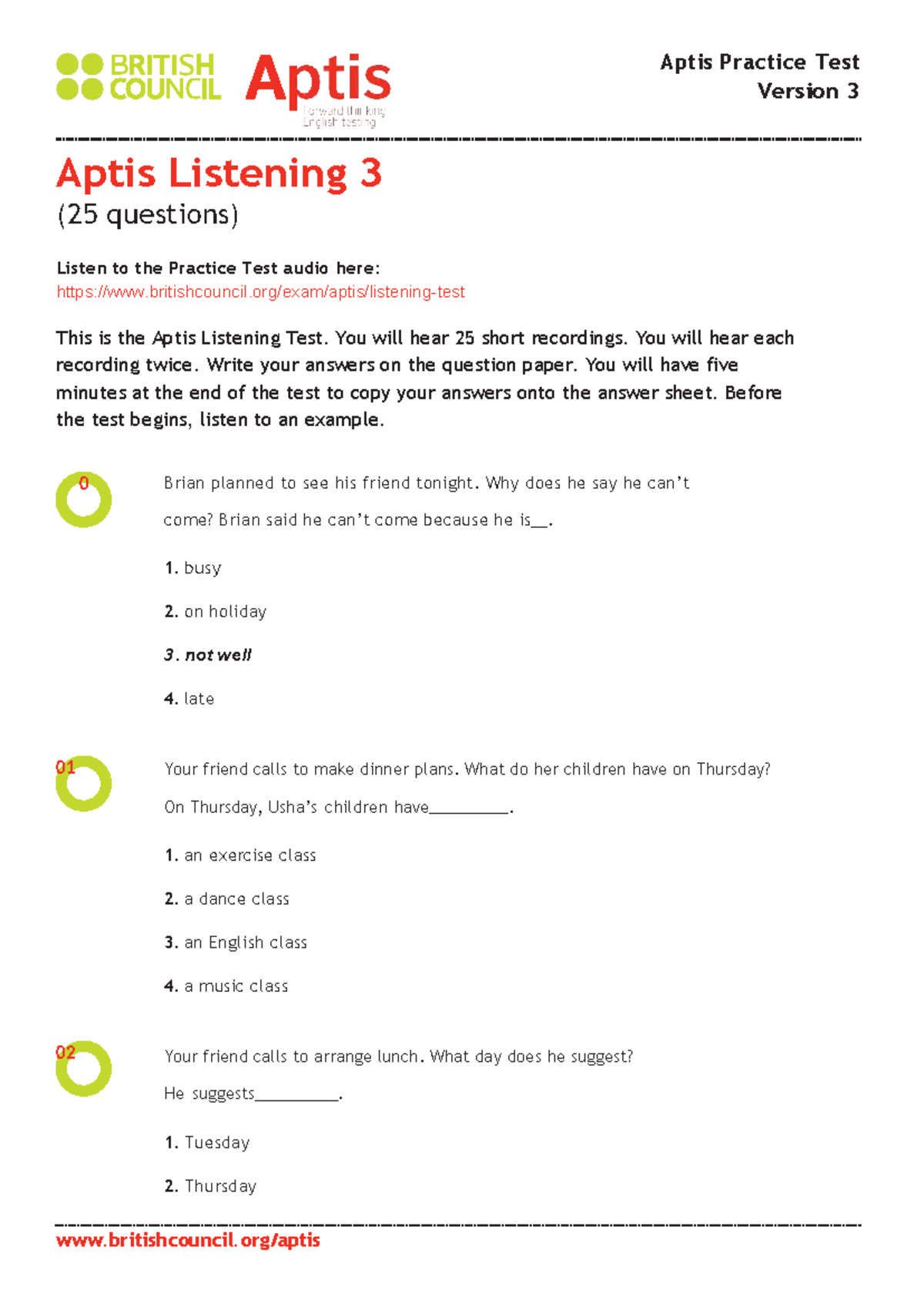 Aptis Listening Test 3: Practice Test with 25 Questions - Studocu