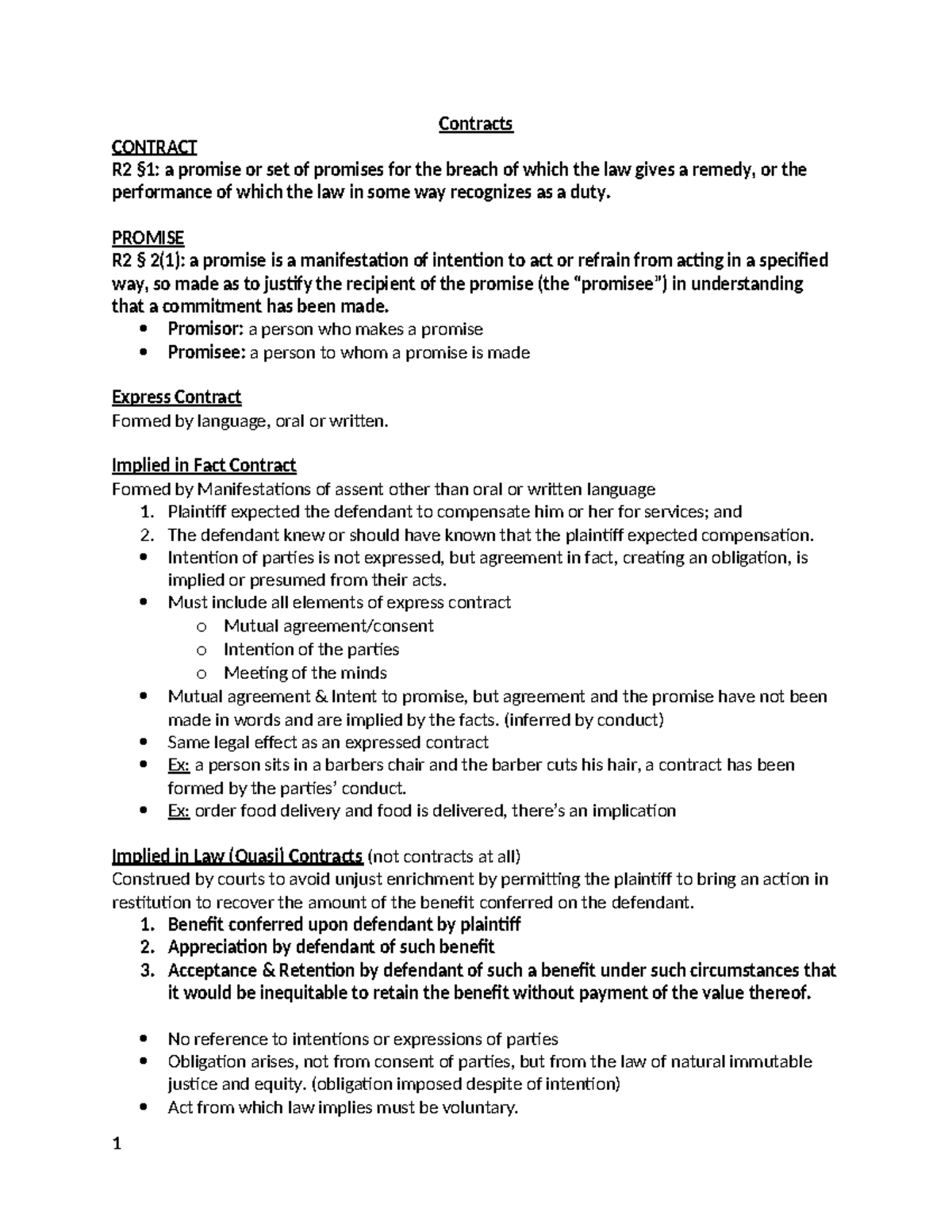Contracts Outline: Key Concepts and Case Summaries (CONTRACTS R2) - Studocu