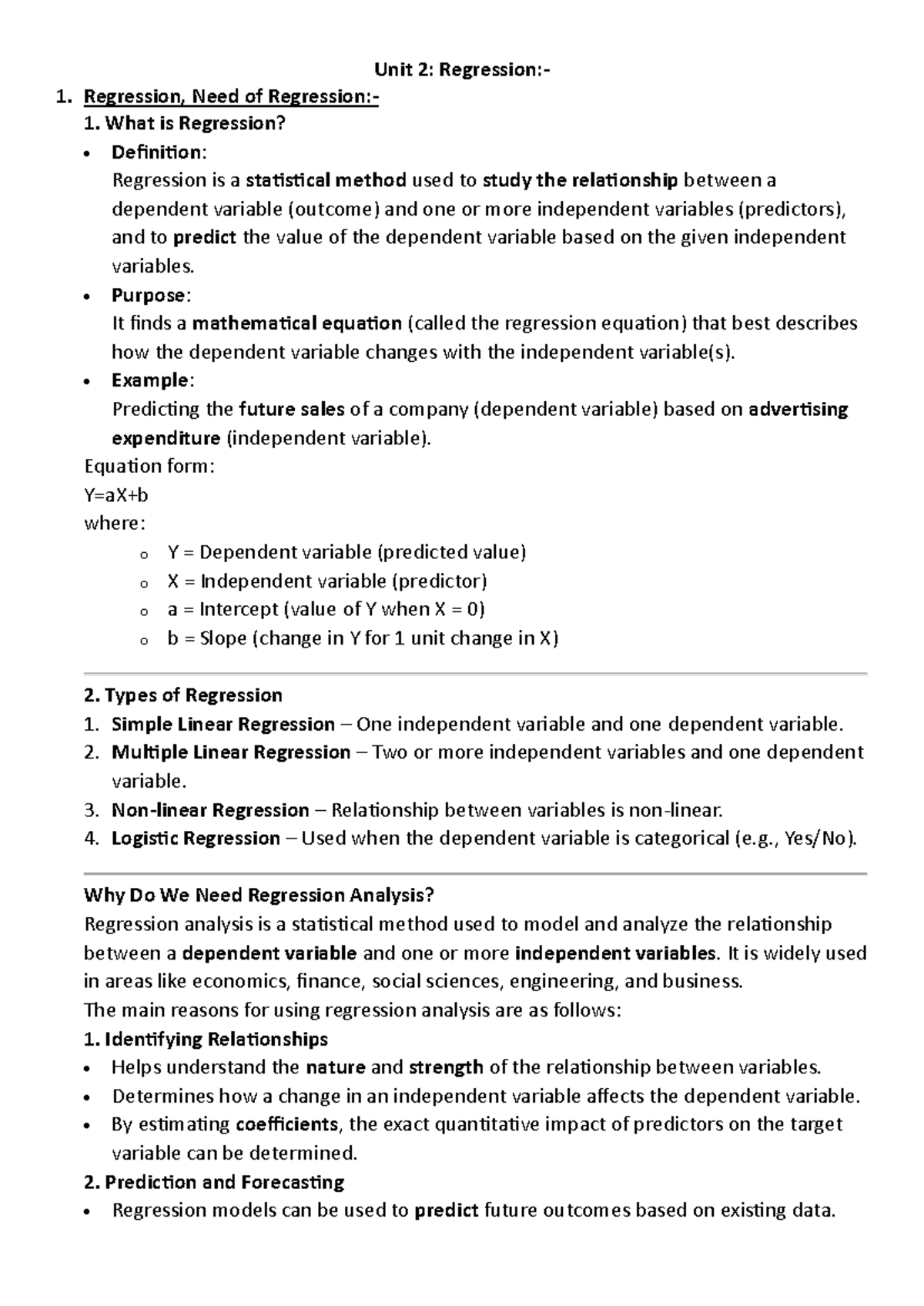 Unit 2: Regression Analysis in Machine Learning - Studocu