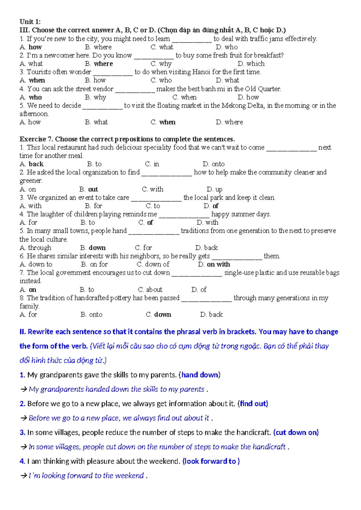 Unit 1: Multiple Choice Questions and Answers (Chọn đáp án đúng A, B, C ...