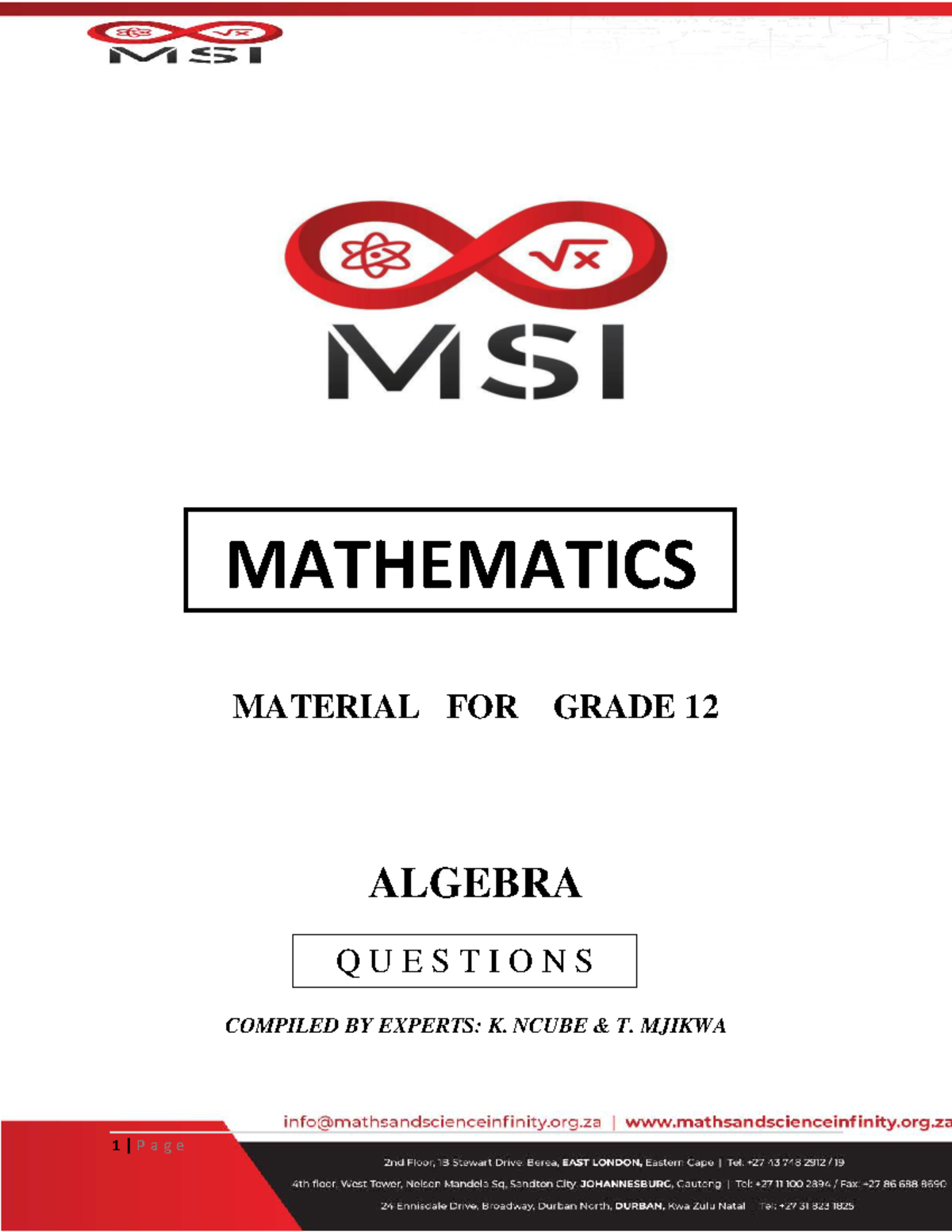 MSI G12 Algebra Questions Compilation by K. Ncube & T. Mjikwa - Studocu