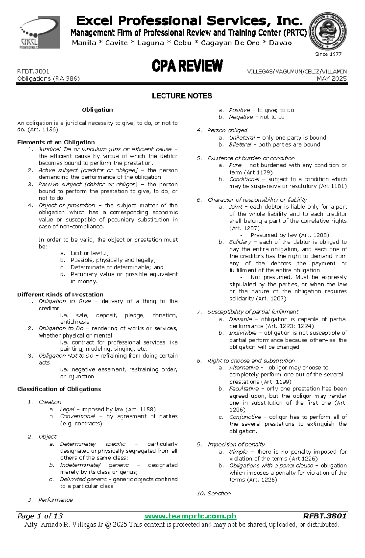 RFBT.3801 Obligations (RA 386) May 2025 Lecture Notes Summary - Studocu