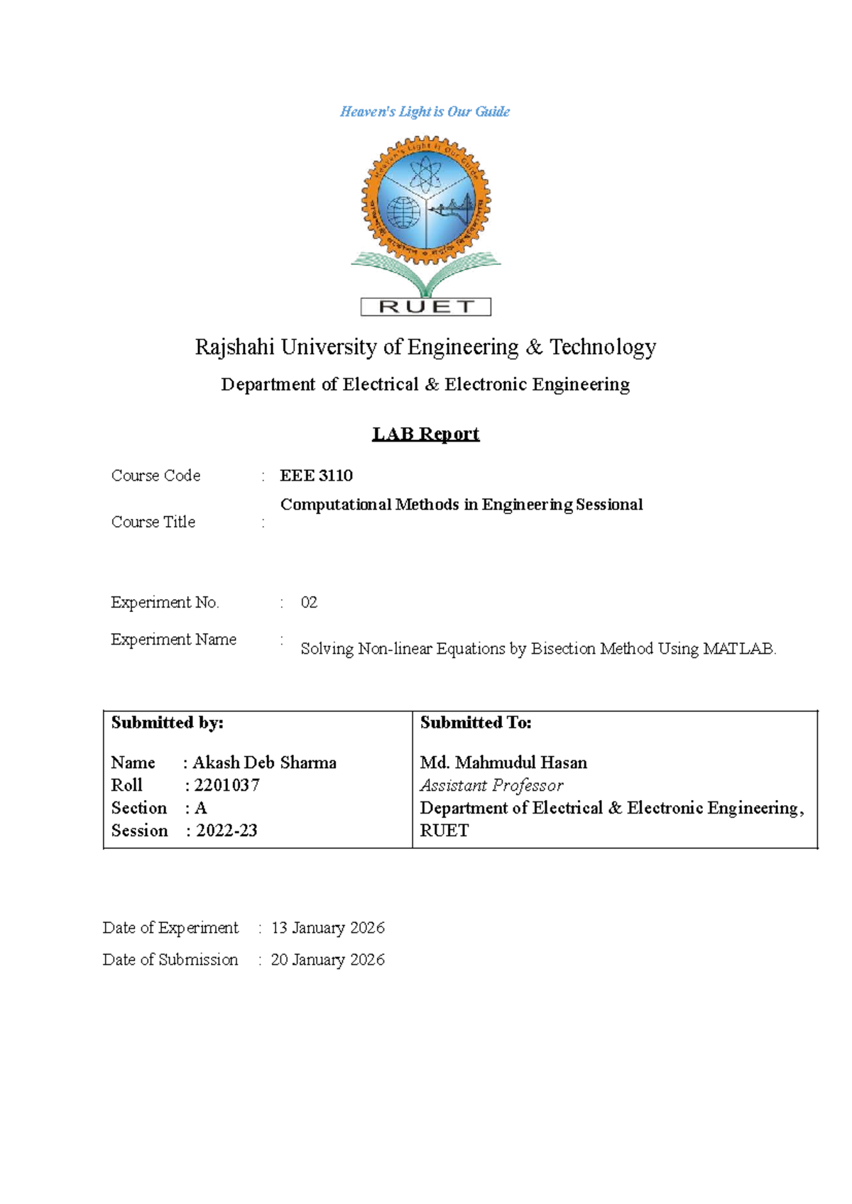 LAB Report 3110: Bisection Method for Solving Equations in MATLAB - Studocu