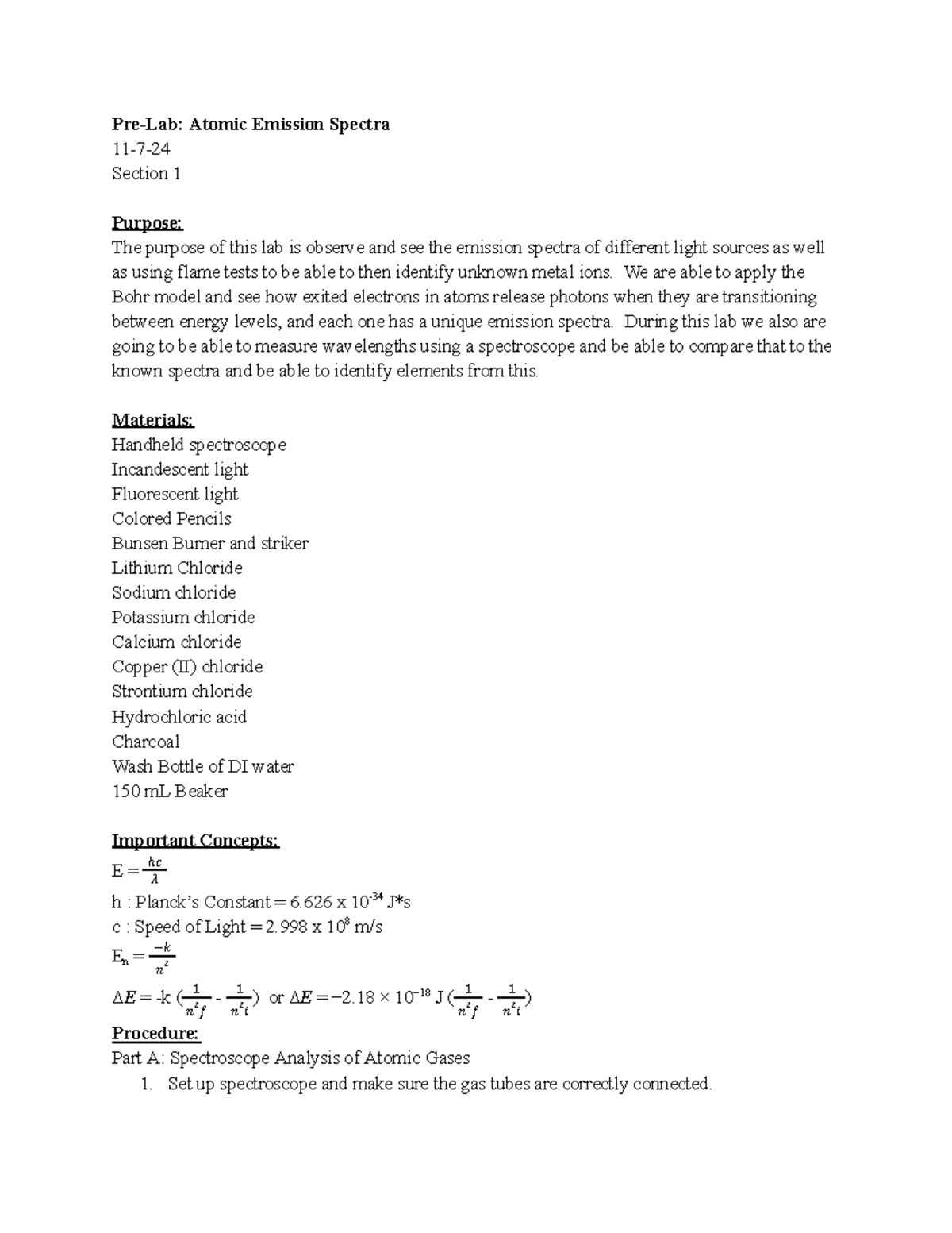 Pre-Lab: Analysis of Atomic Emission Spectra & Flame Tests - Studocu