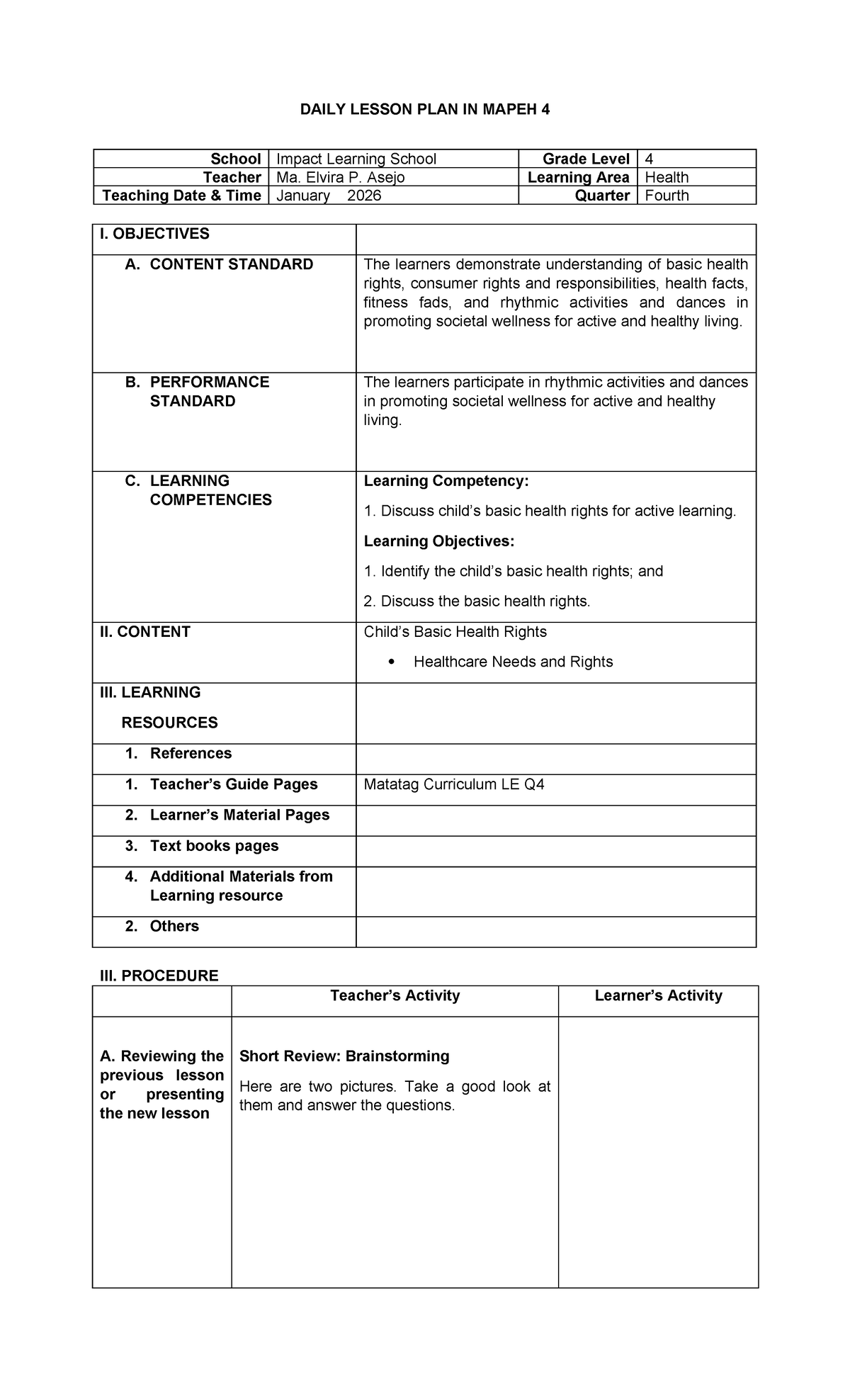 Asejo - Daily Lesson Plan in MAPEH 4: Health Rights & Wellness - Studocu