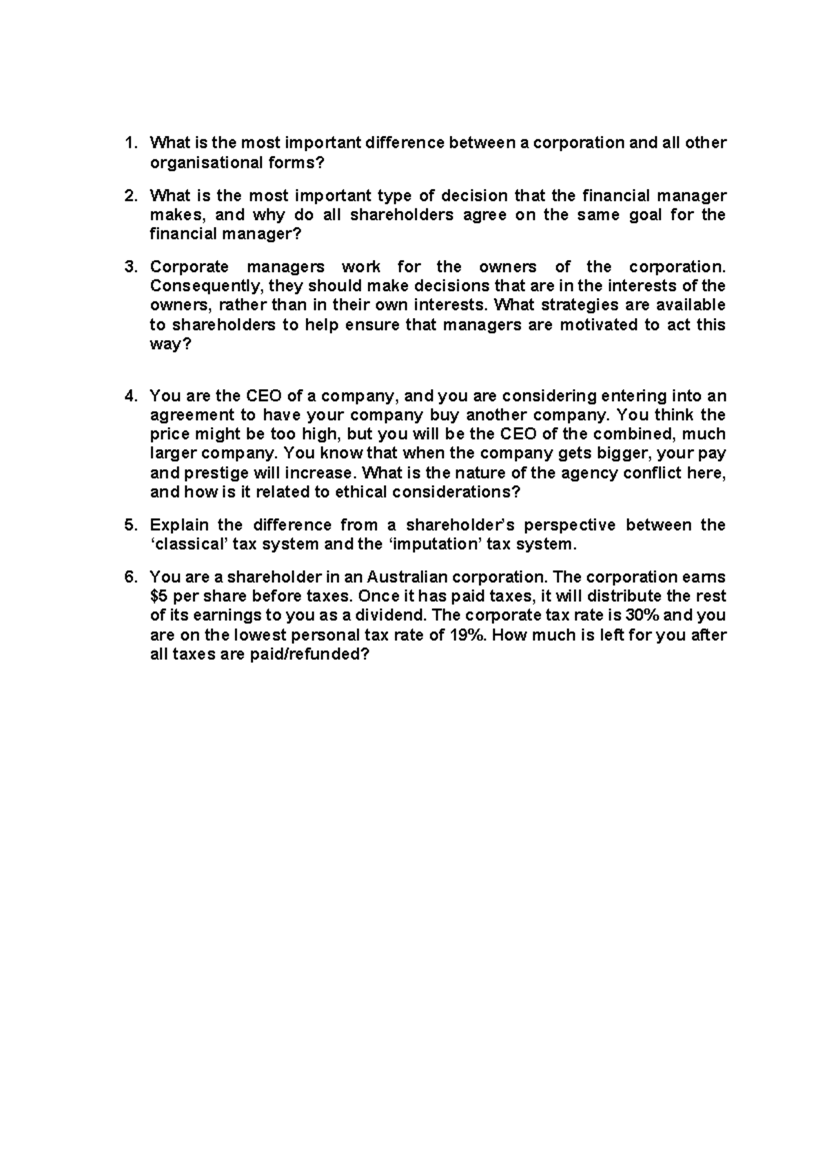 Corporate Finance Tutorial Questions - Week 1 (FIN 101) - Studocu