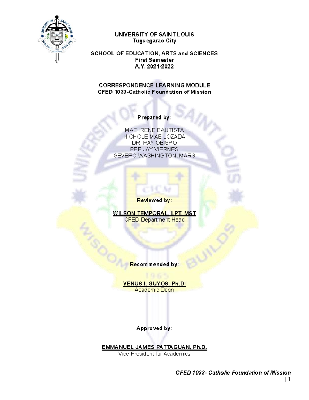 CFED-1033-WEEK-1- Module - CFED 1033- Catholic Foundation of Mission UNIVERSITY OF SAINT LOUIS ...