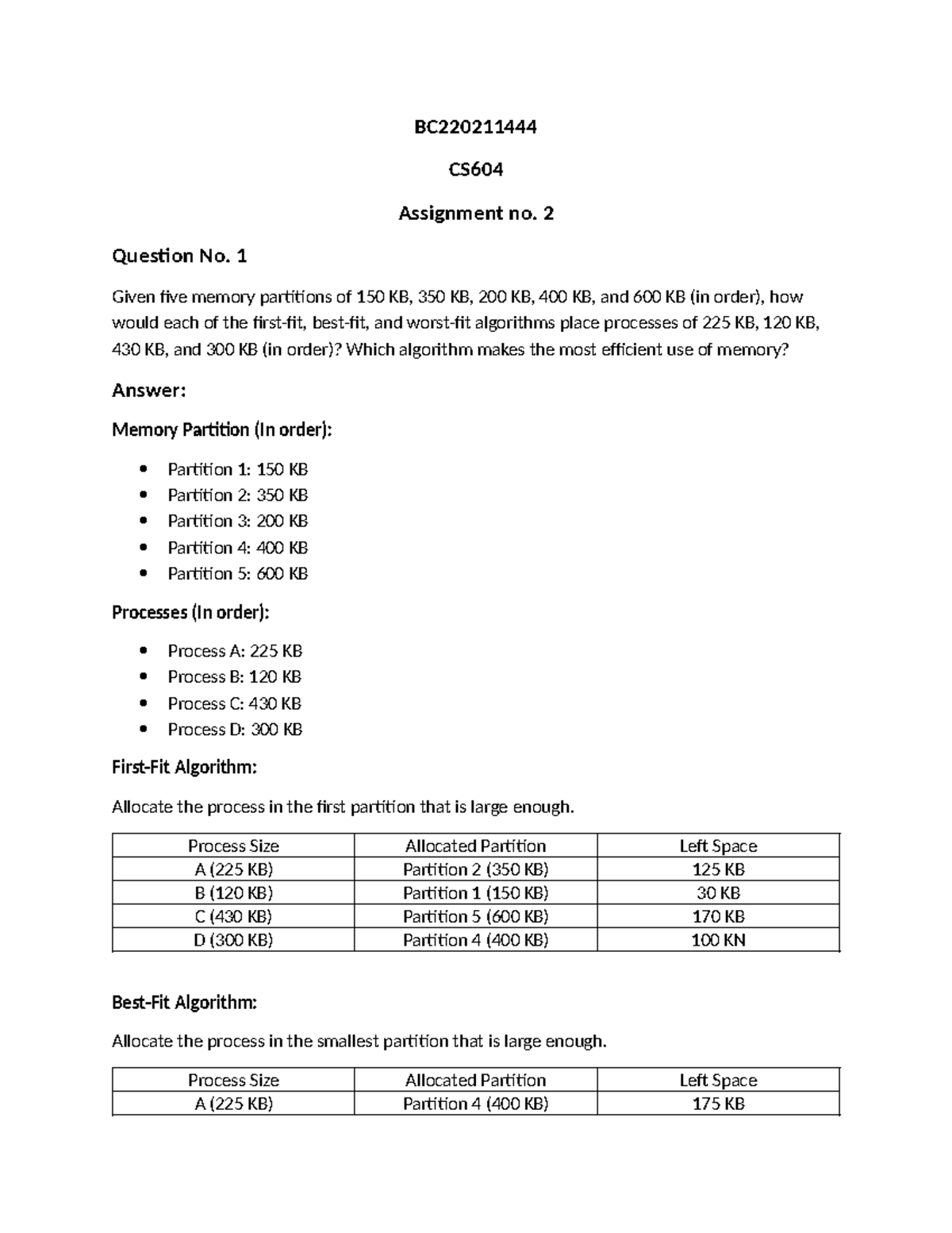 CS604 Assignment 2: Memory Partitioning and Paging Analysis - Studocu