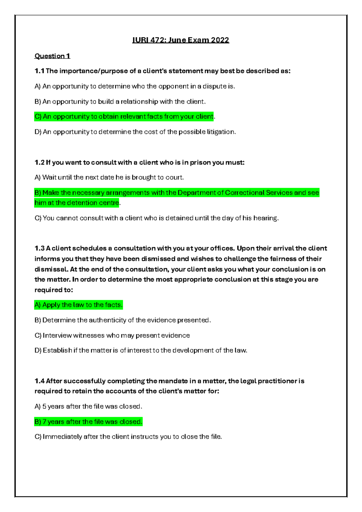 Memo Exam - Notes - IURI 472: June Exam 2022 Question 1 1 The ...