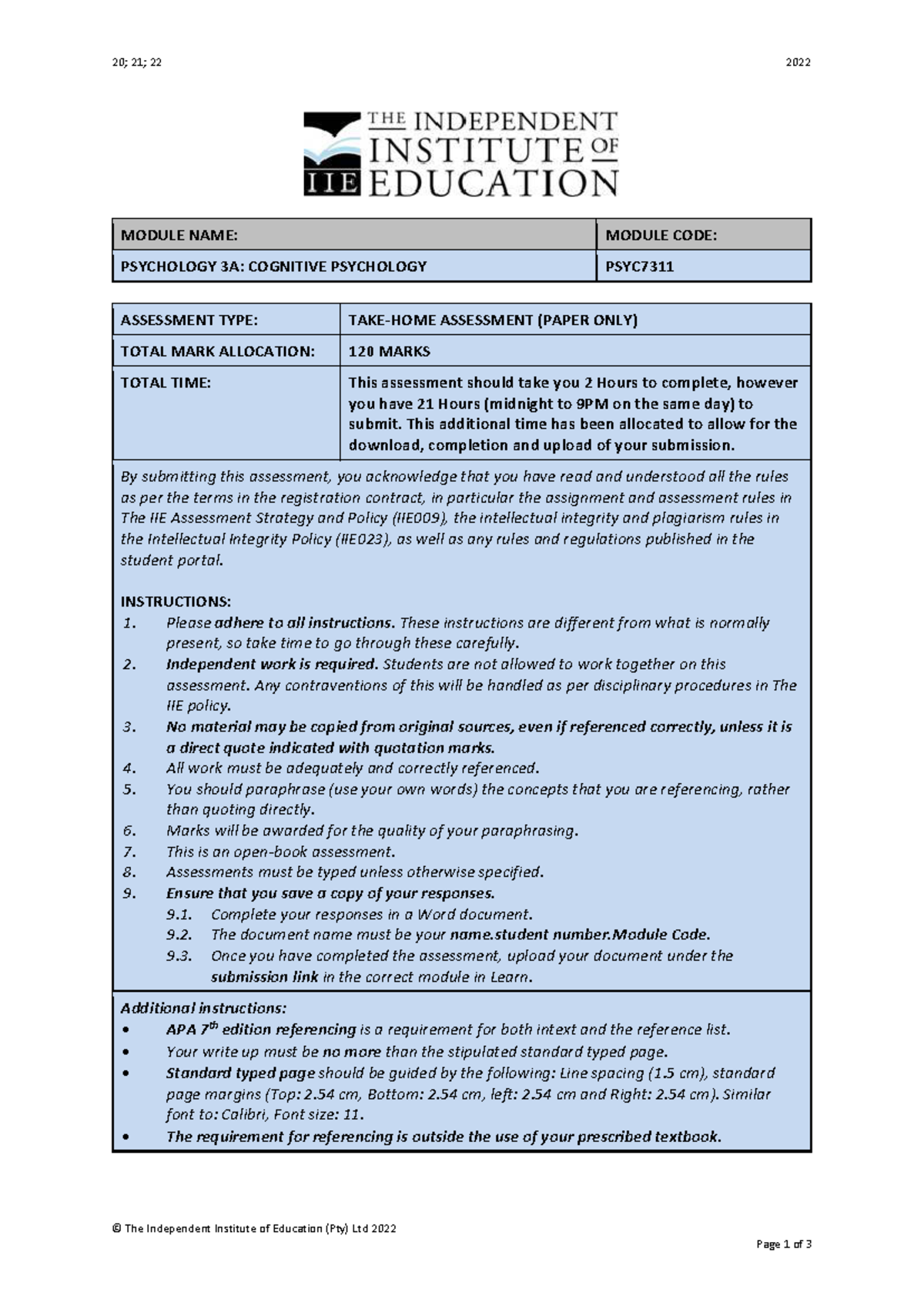PSYC7311Eb Take-Home Assessment Guide for Psychology 3A - Studocu