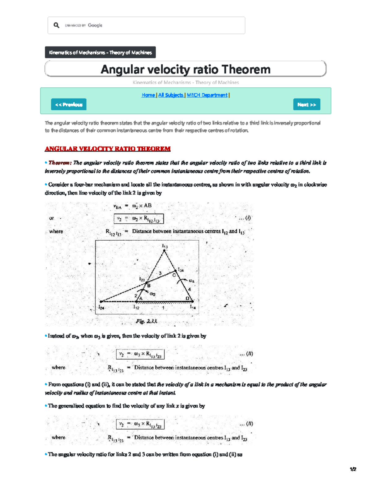 Angular velocity ratio Theorem - Kinematics of Mechanisms - Theory of ...