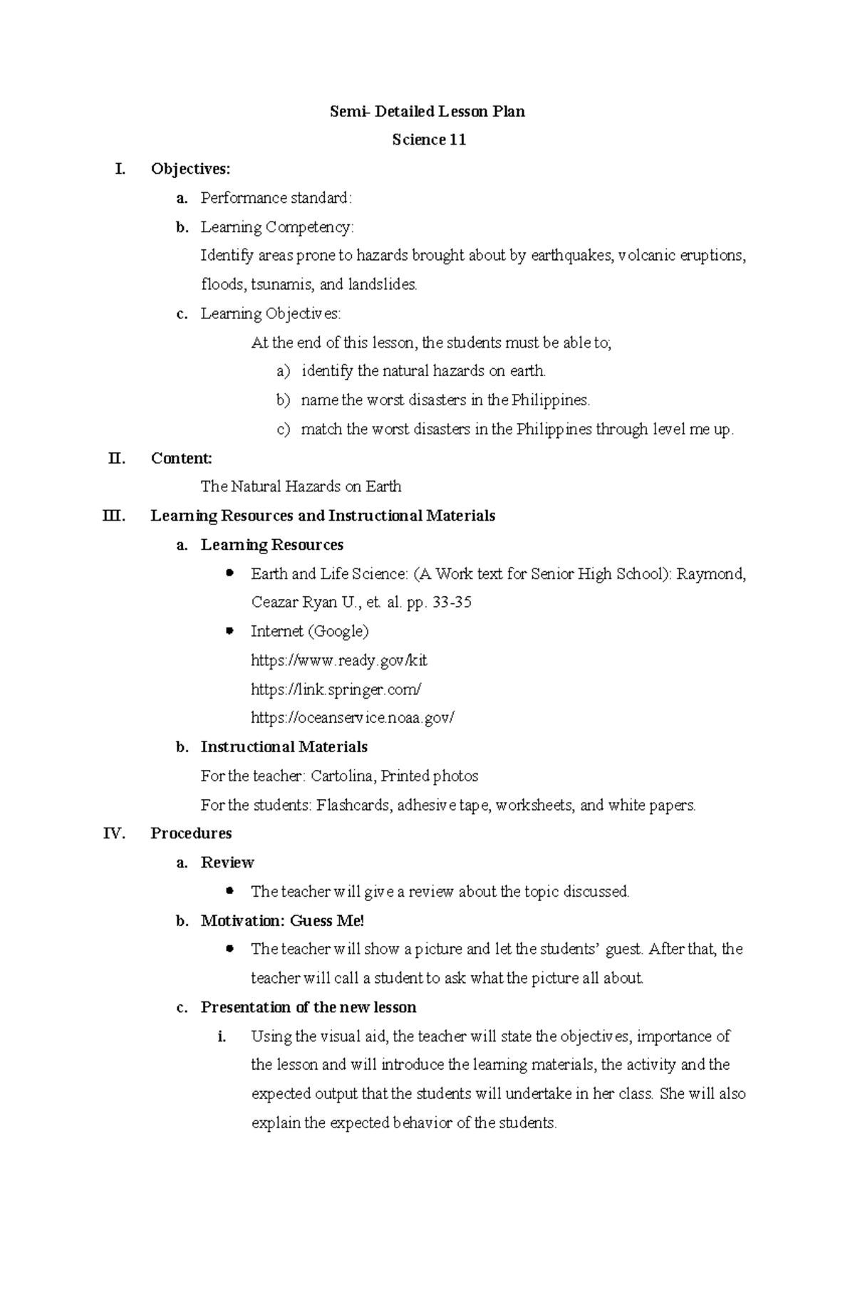 Semi-Detailed Lesson Plan for Natural Hazards in Earth Science 11 - Studocu