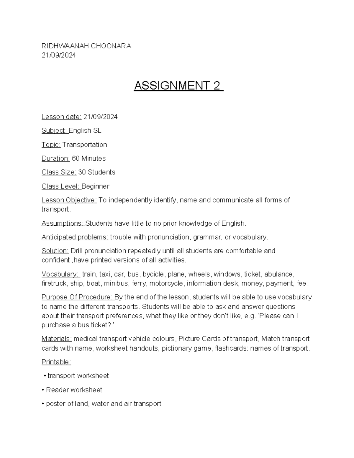 English SL Lesson Plan: Transportation for Beginners (ASS 2) - Studocu