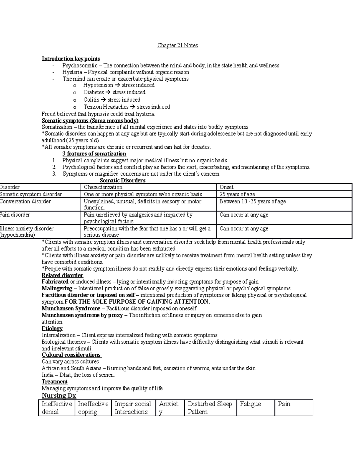 Psychosomatic Disorders Chapter 21 Study Notes Studocu