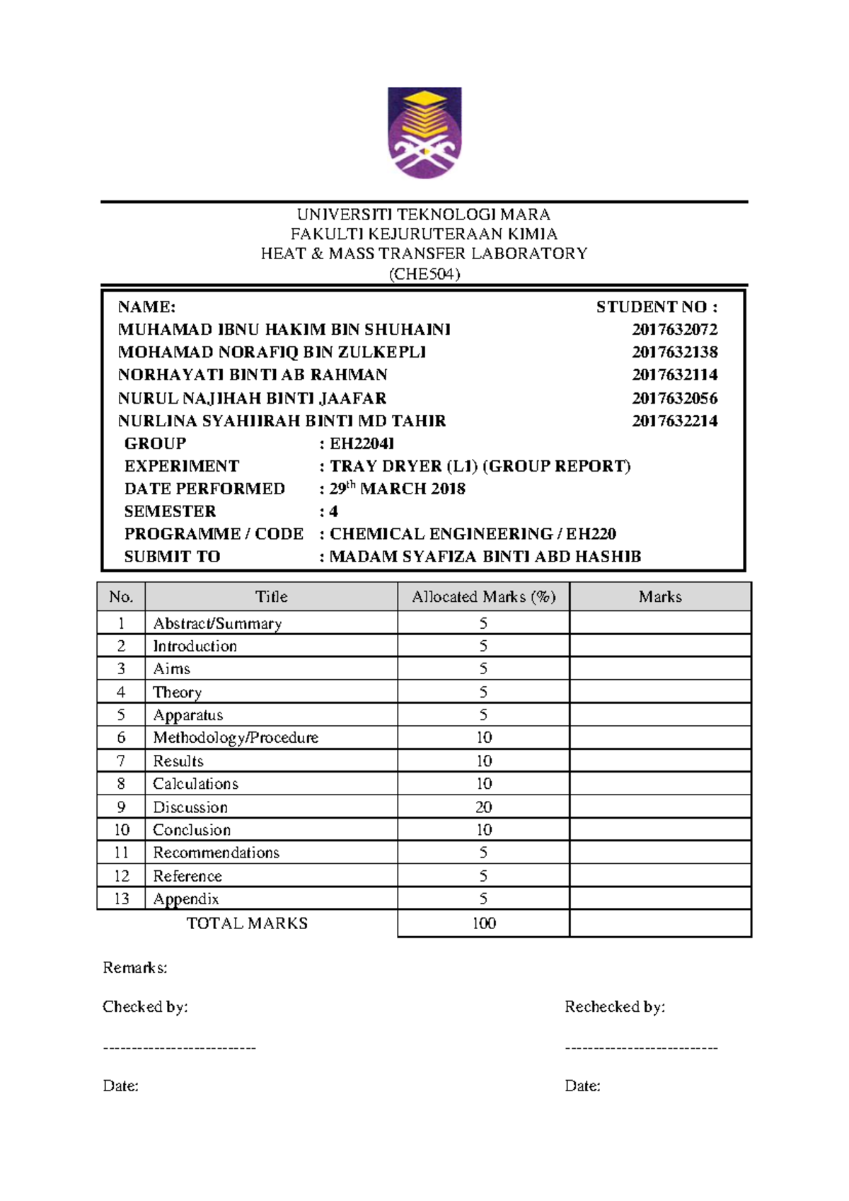 CHE504 Lab Report on Tray Dryer Experiment L1 (2018) - Studocu