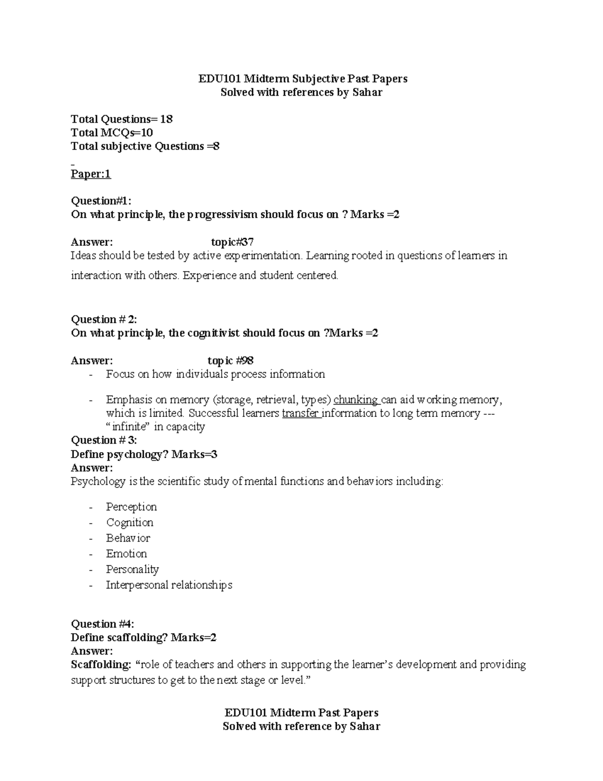 EDU101 Midterm Subjective Past Papers Solved with References by Sahar - Studocu