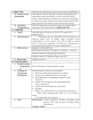 English Lesson Plan - I. OBJECTIVE Get the meaning of words through ...