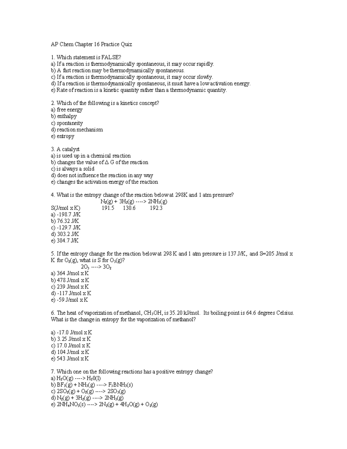 AP Chem Ch16 Practice Quiz - AP Chem Chapter 16 Practice Quiz Which ...