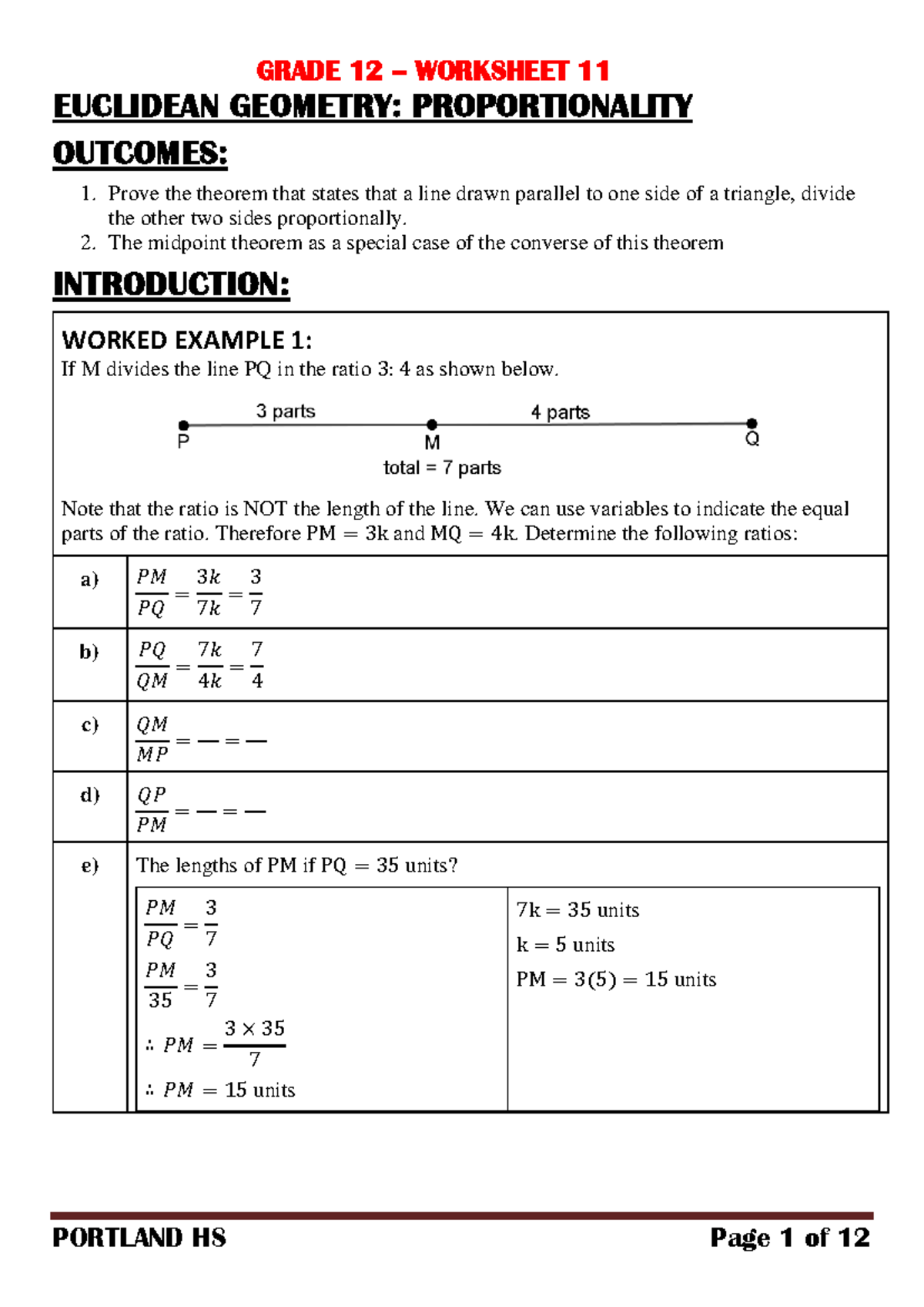 Grade 12 worksheet 11: Euclidean geometry on proportionality - Studocu
