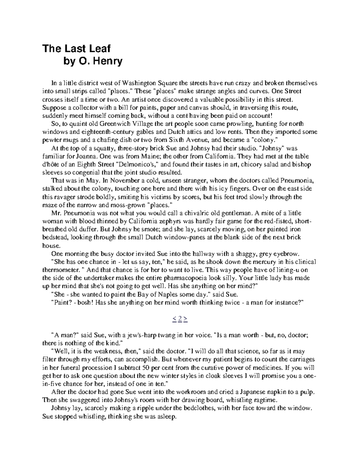The Last Leaf: A Study of O. Henry's Masterpiece - Studocu
