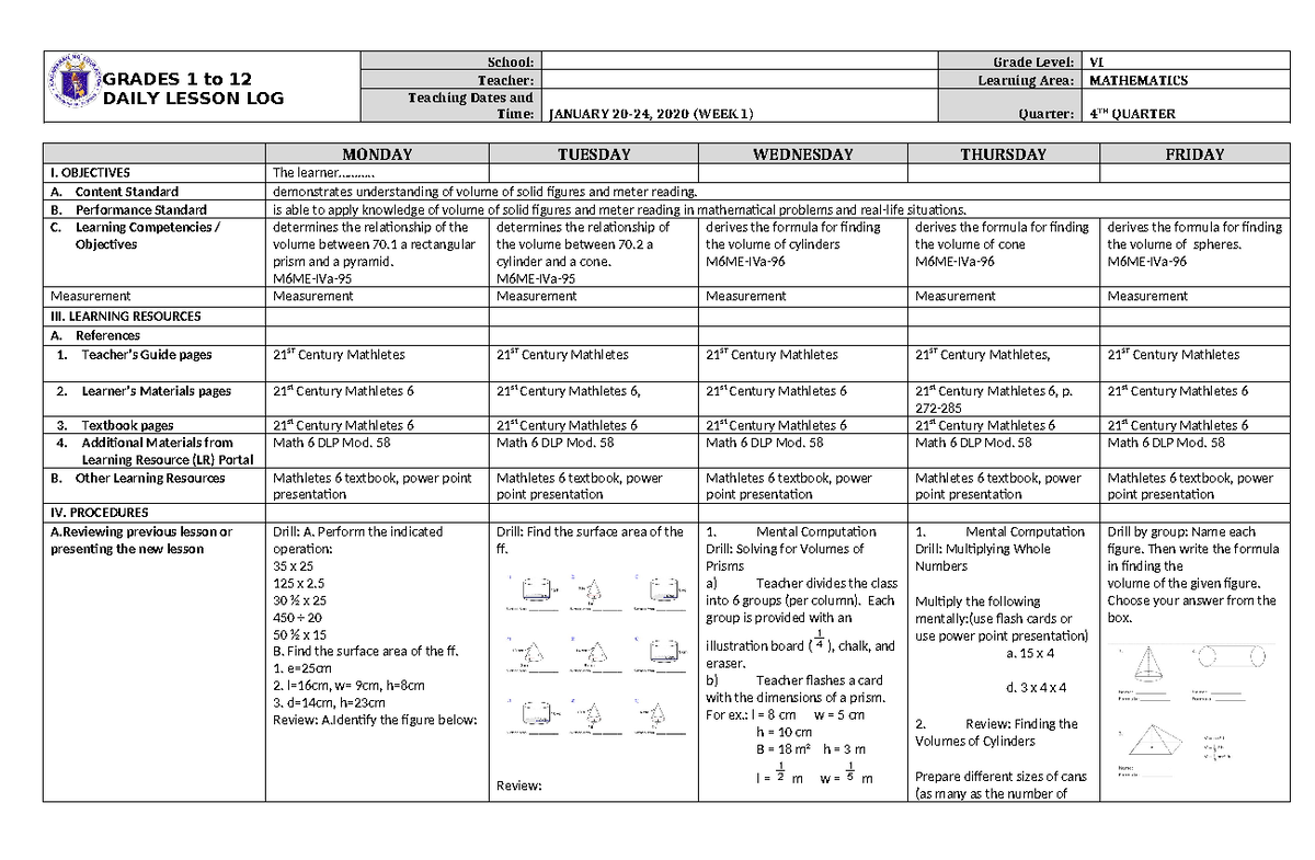 DLL Mathematics 6 Q4 W1 - Making dll for math 6 - GRADES 1 to 12 DAILY ...