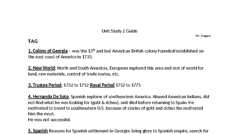 8th Grade TAG Unit 2 Study Guide: Colony of Georgia Overview - Studocu