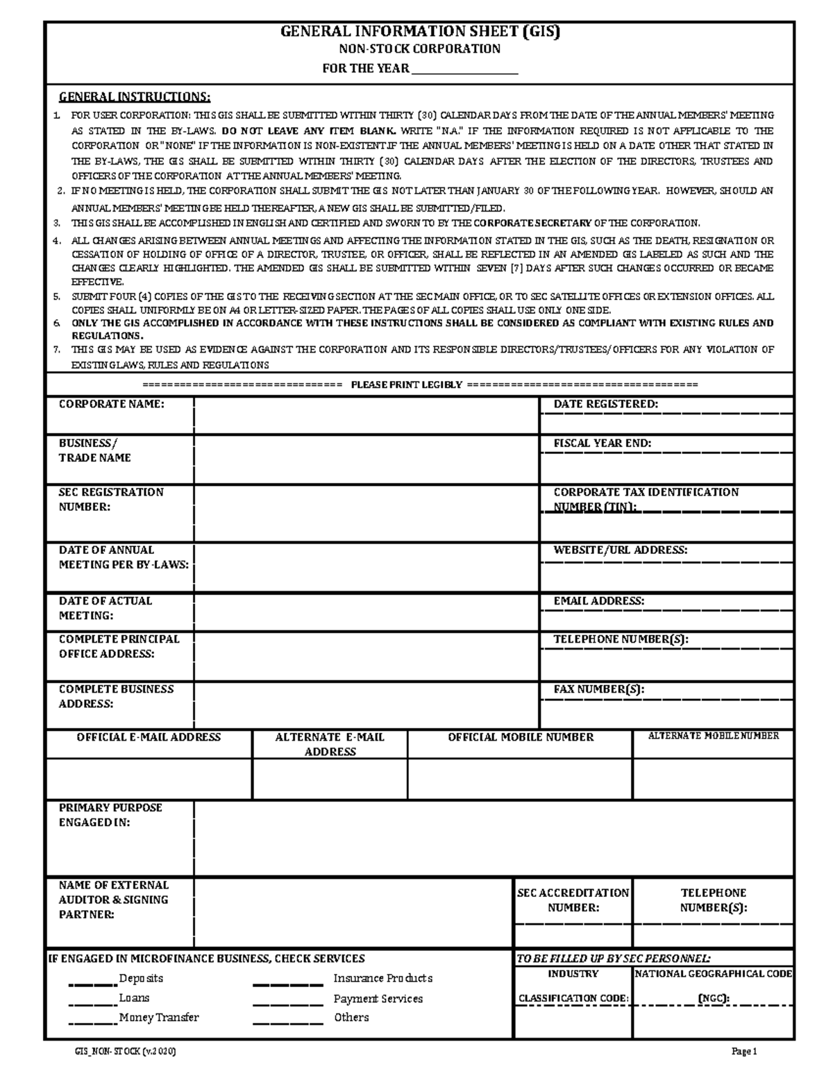 General Information Sheet (GIS) for Non-Stock Corporations 2020 FORM ...