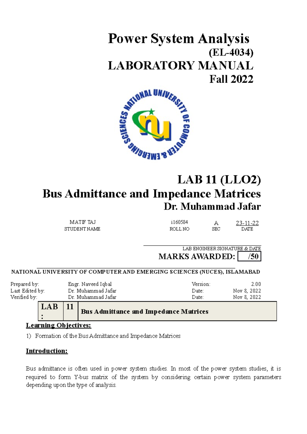 EL-4034 Lab 11: Bus Admittance & Impedance Matrices Manual - Studocu