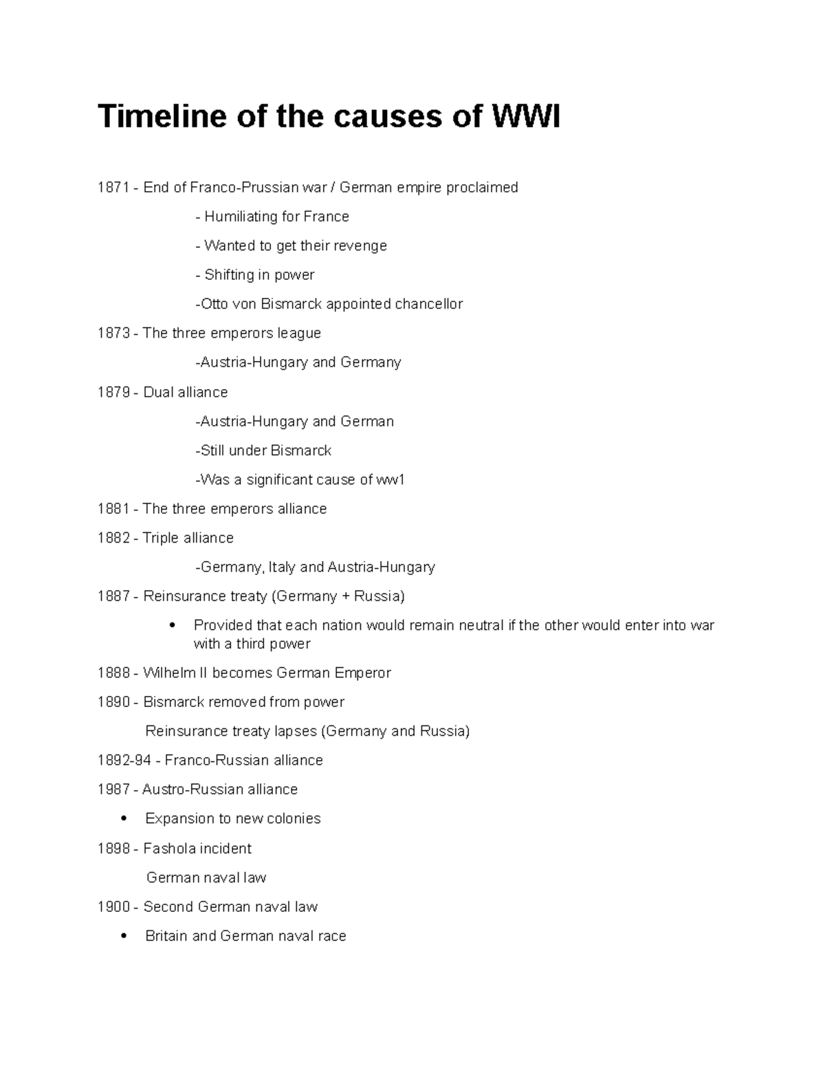 IB History HL Causes of WWI Timeline - Timeline of the causes of WWI ...