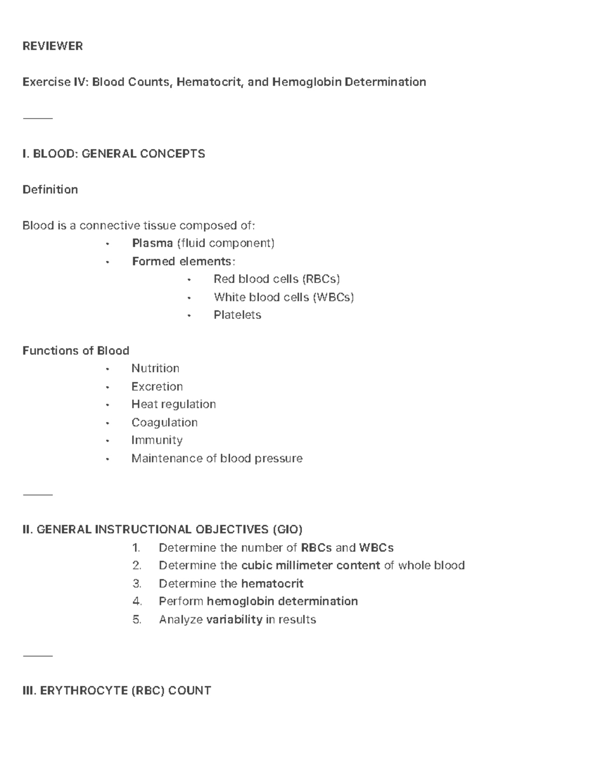 REVIEWER Exercise IV: Blood Counts & Coagulation (BIO 101) - Studocu