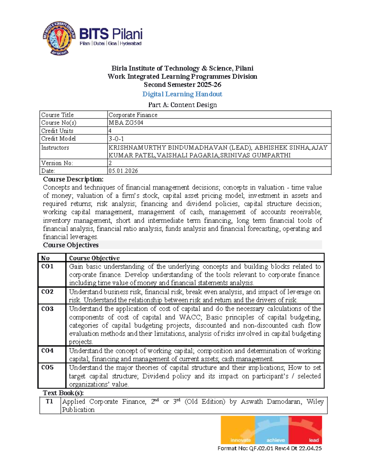 Corporate Finance Course Handout - MBA ZG504 - Studocu