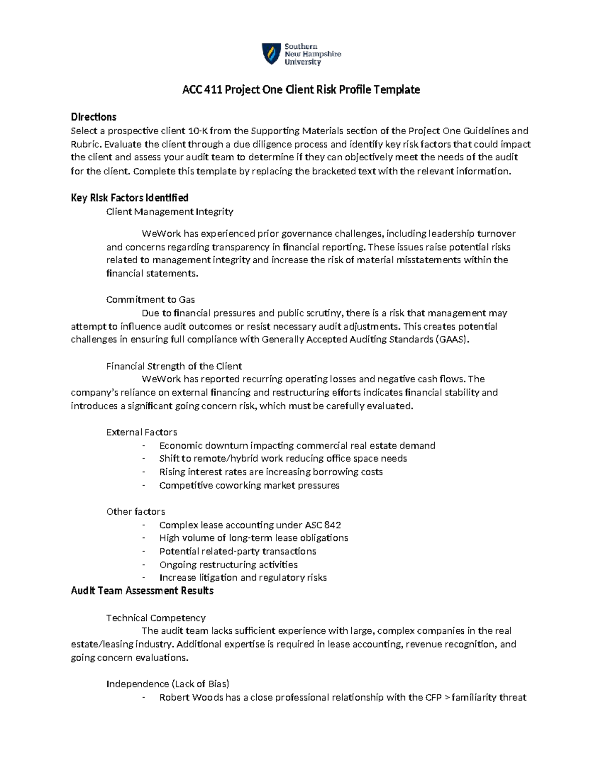 ACC 411 Project One: Client Risk Profile Analysis Template - Studocu