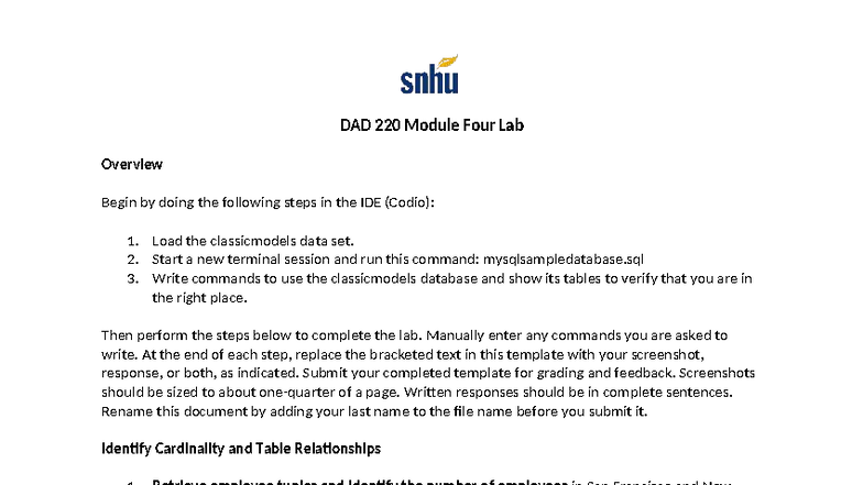 DAD 220 Module Four Lab: Cardinality and Table Relationships Overview ...