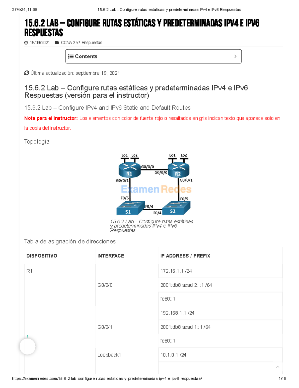 15.6.2 Lab - Configuración de Rutas Estáticas y Predeterminadas IPv4 e IPv6 - Studocu