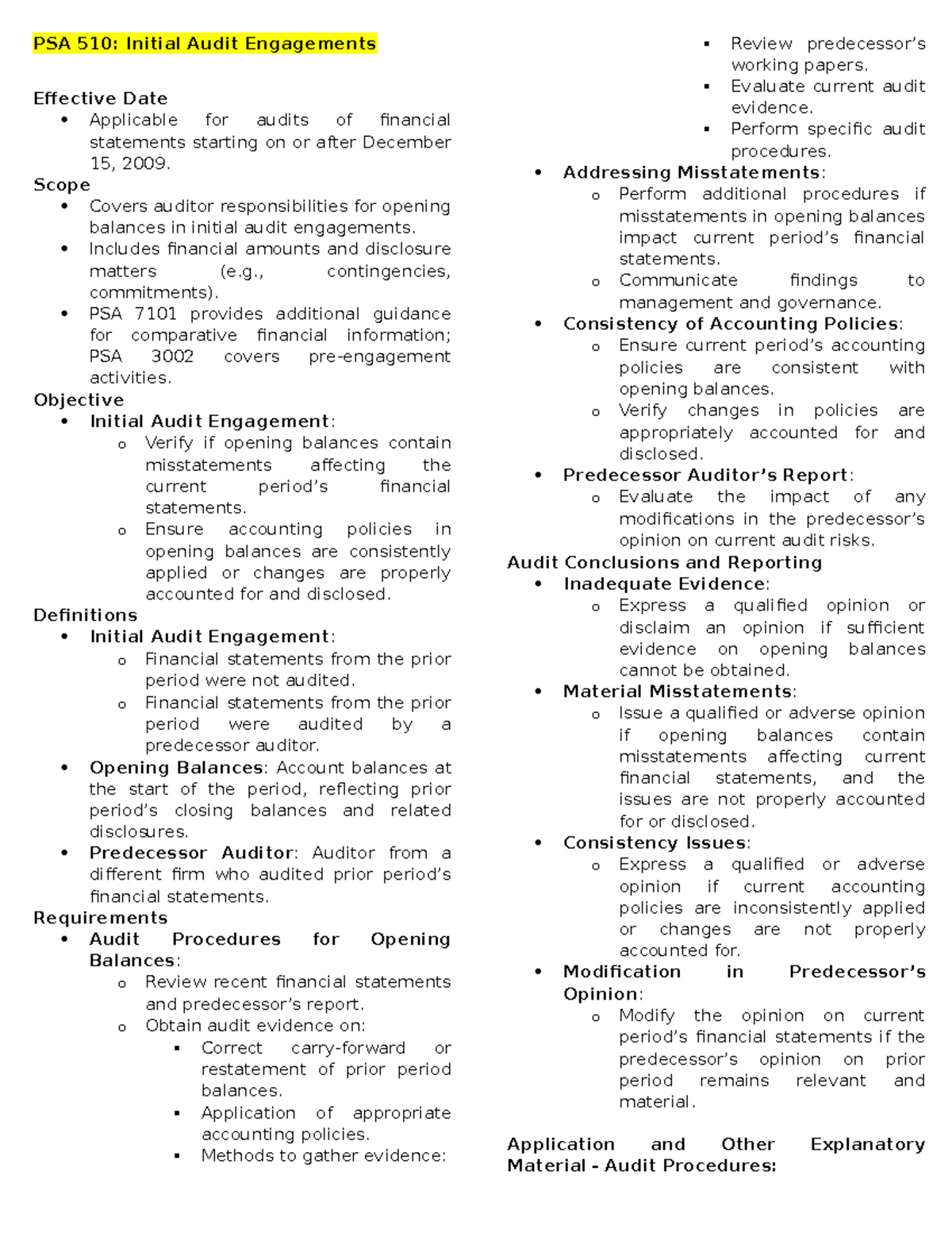 PSA 510: Key Insights on Initial Audit Engagements and Procedures - Studocu