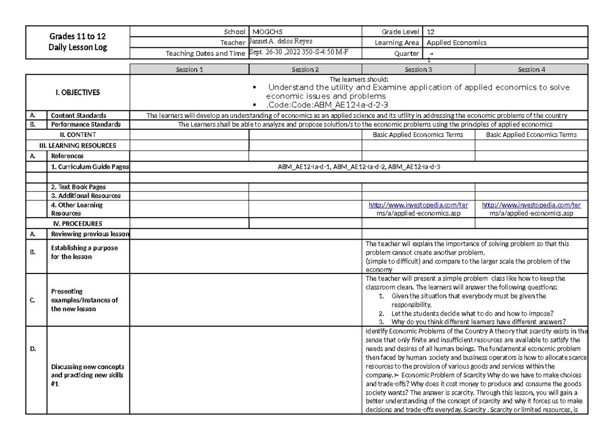 Applied Economics Daily Lesson Log (Grade 12) - MOGCHS - Sept 2022 ...