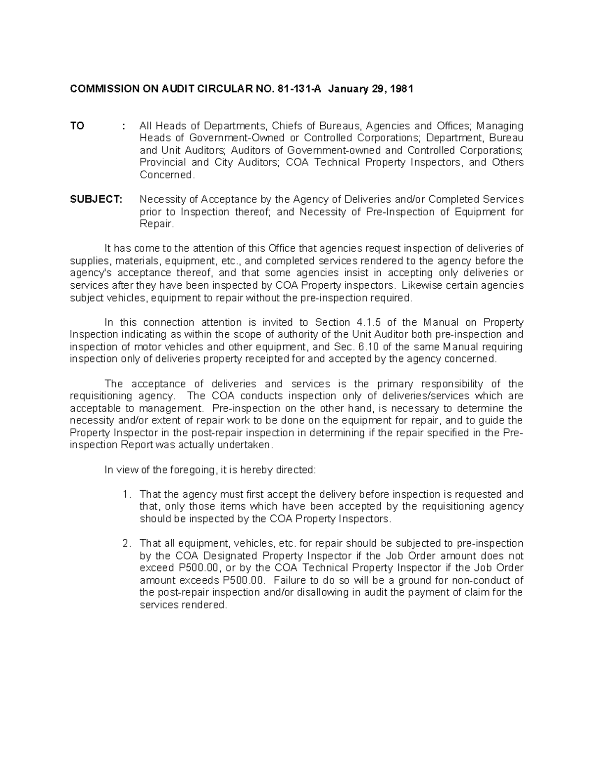 Revised COA Circular 81-131-A: Acceptance & Inspection Guidelines - Studocu