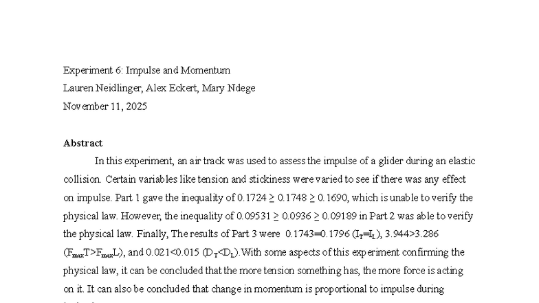 Experiment 6: Impulse and Momentum Analysis (PHYS 101) - Studocu