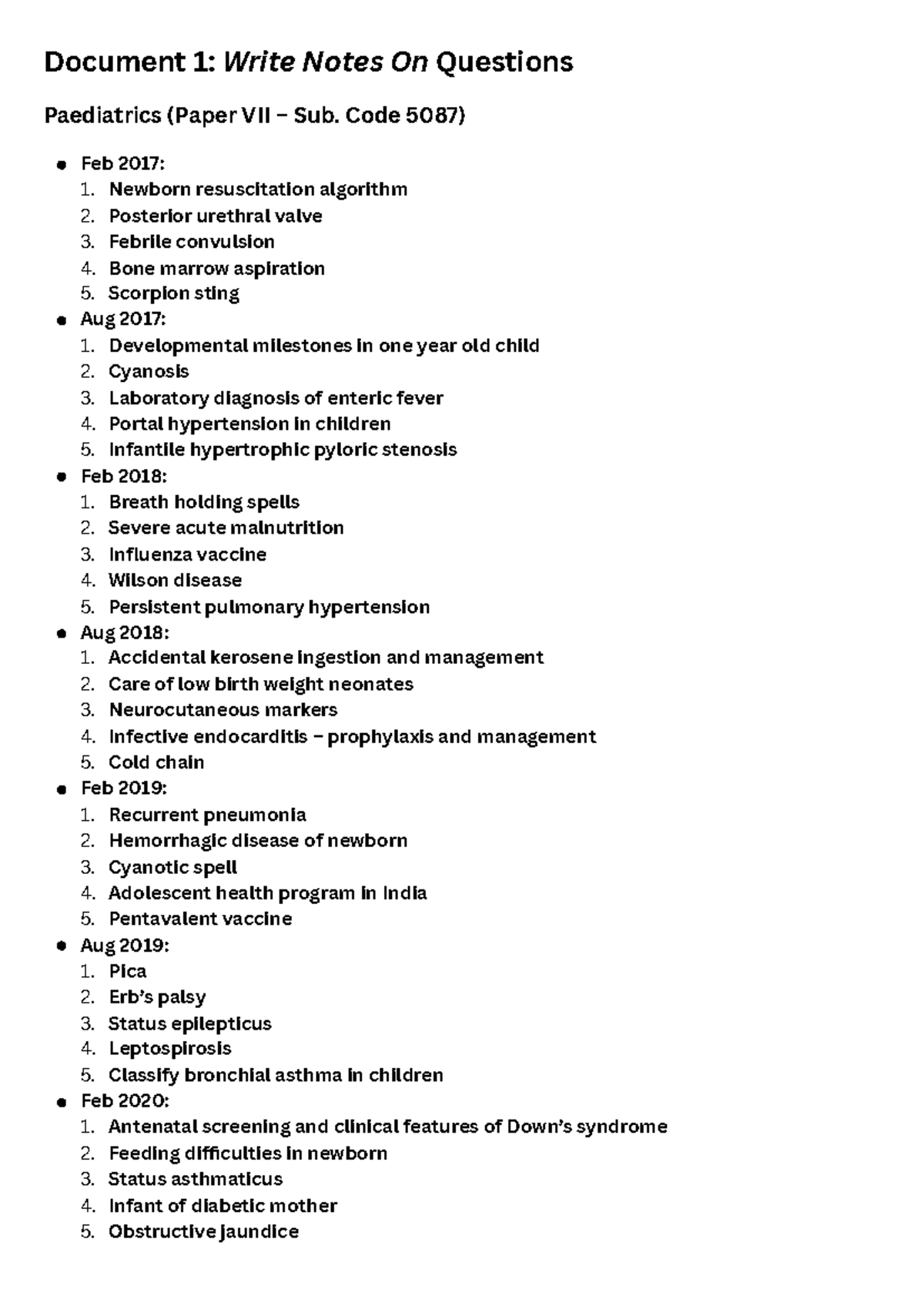 Short Notes on Paediatrics Questions (Paper VII, Sub. Code 5087) - Studocu